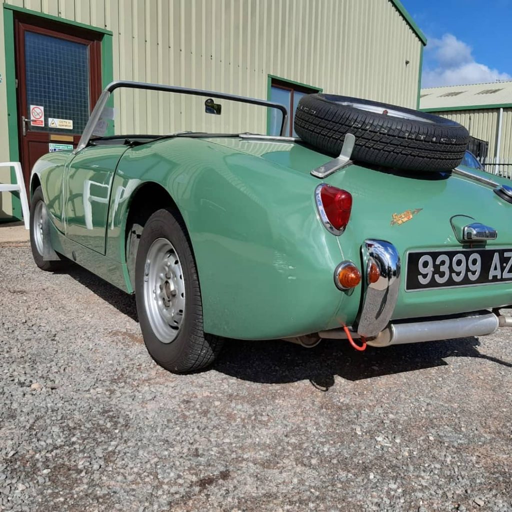 Frogeye Sprite in for panel repair and paint • Airfield Classic Cars